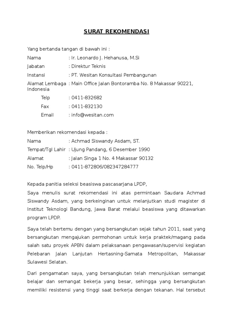 Surat Rekomendasi LPDP | PDF