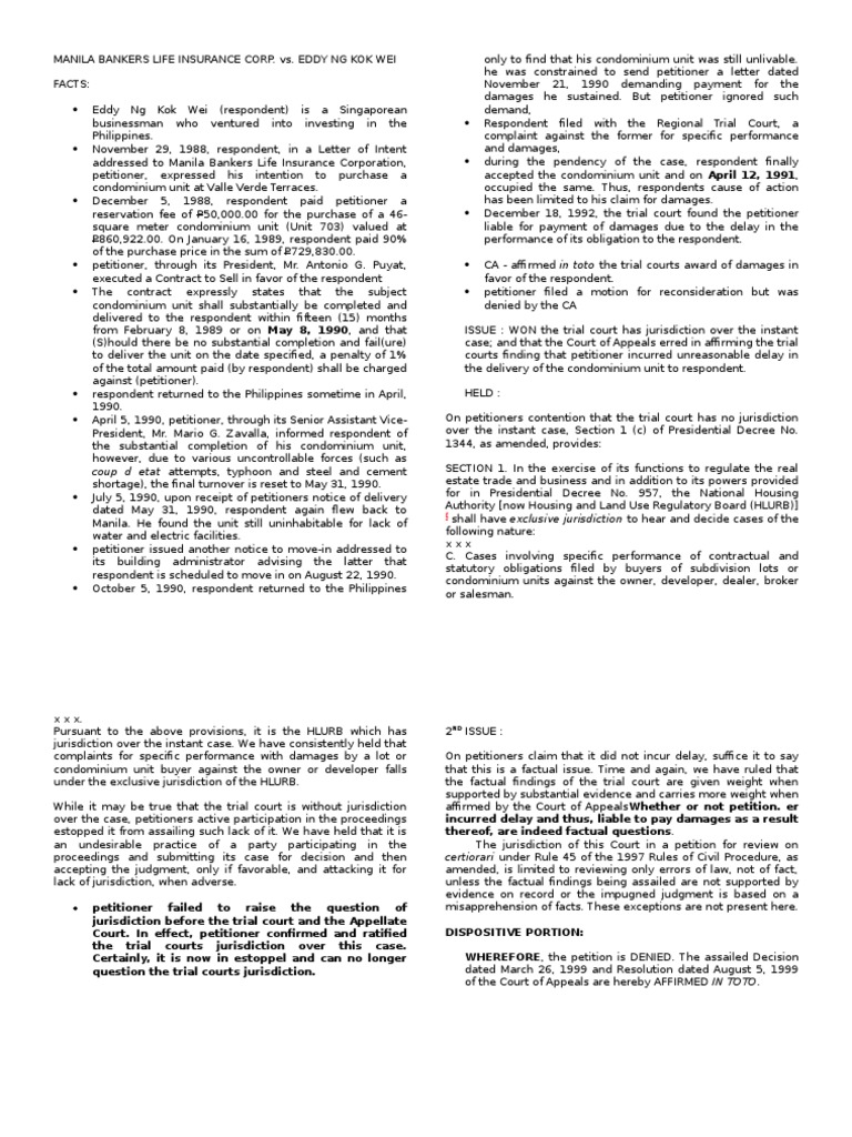 Manila Bankers Life vs. Eddy Ng Case Summary | PDF | Jurisdiction ...