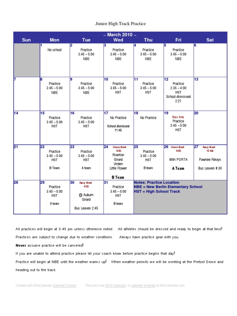 Junior High Track Practice Schedule 2010 | PDF | Sports | Nature
