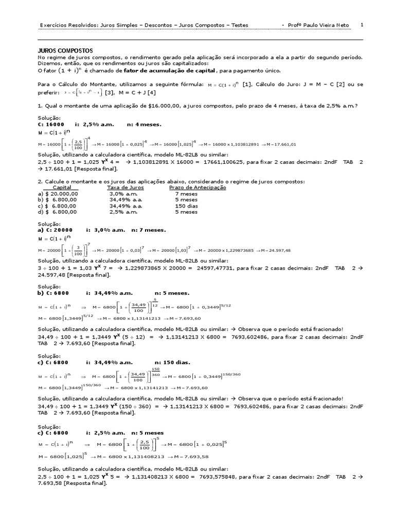 Exercícios Resolvidos-Jrs Compostos | PDF | Desconto | Juros