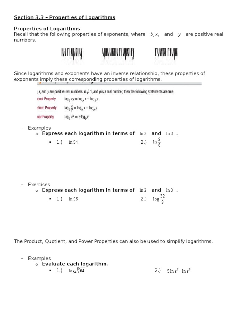 Section 3.3 - Properties of Logarithms Properties of Logarithms | PDF