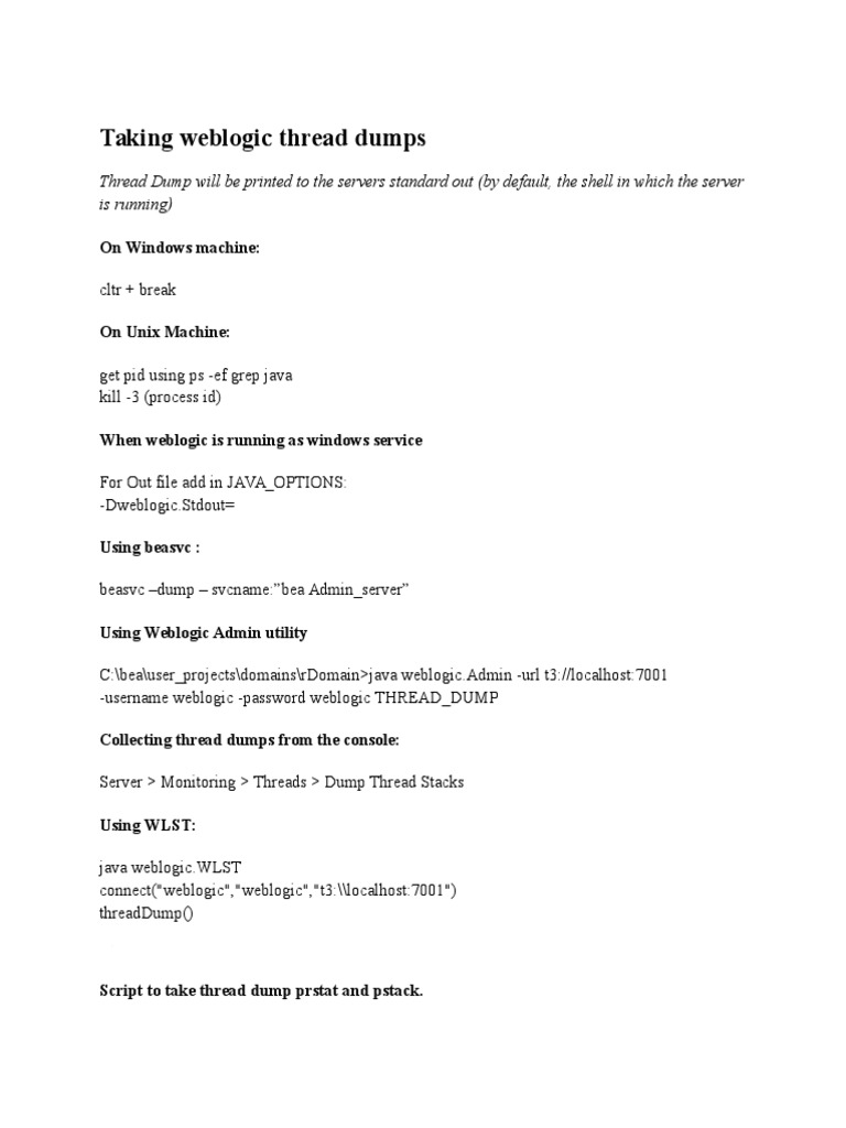 Taking Weblogic Thread Dumps | PDF | Enterprise Java Beans ... Taking Weblogic Thread Dumps | PDF | Enterprise Java Beans ...