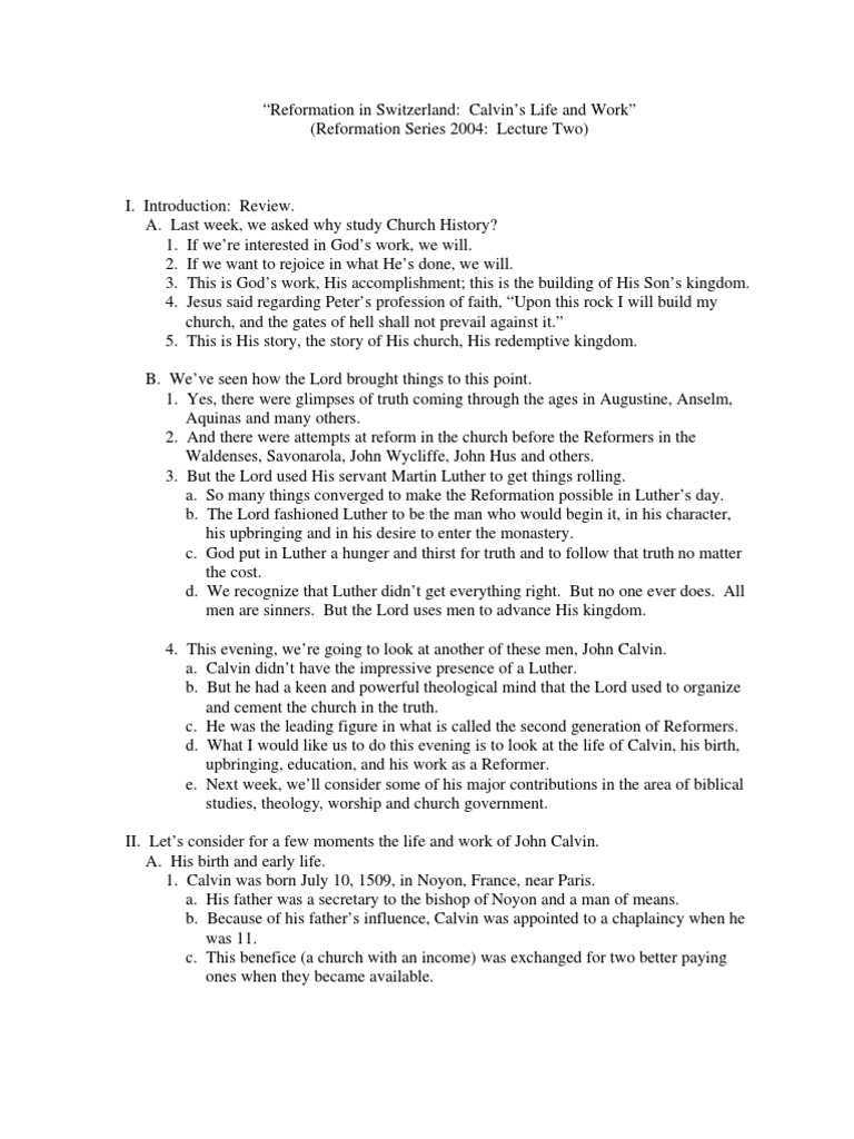 Reformation in Switzerland: Calvin's Life and Work | PDF | John Calvin ...