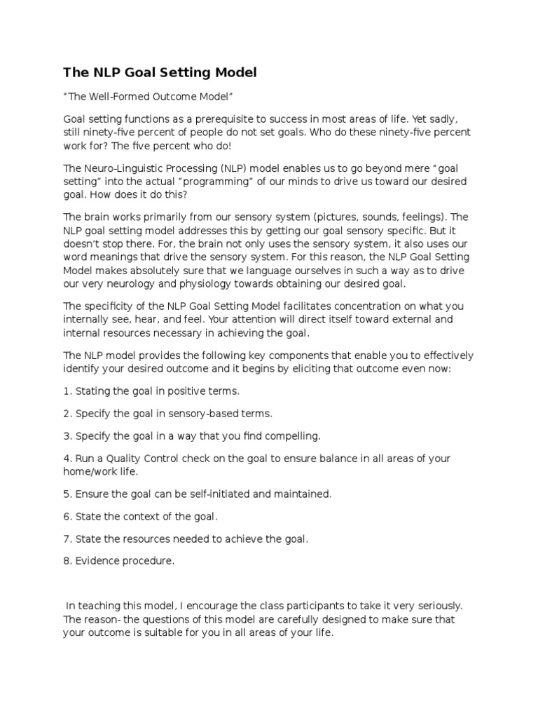 The NLP Goal Setting Model For Managers | PDF | Goal Setting | Goal