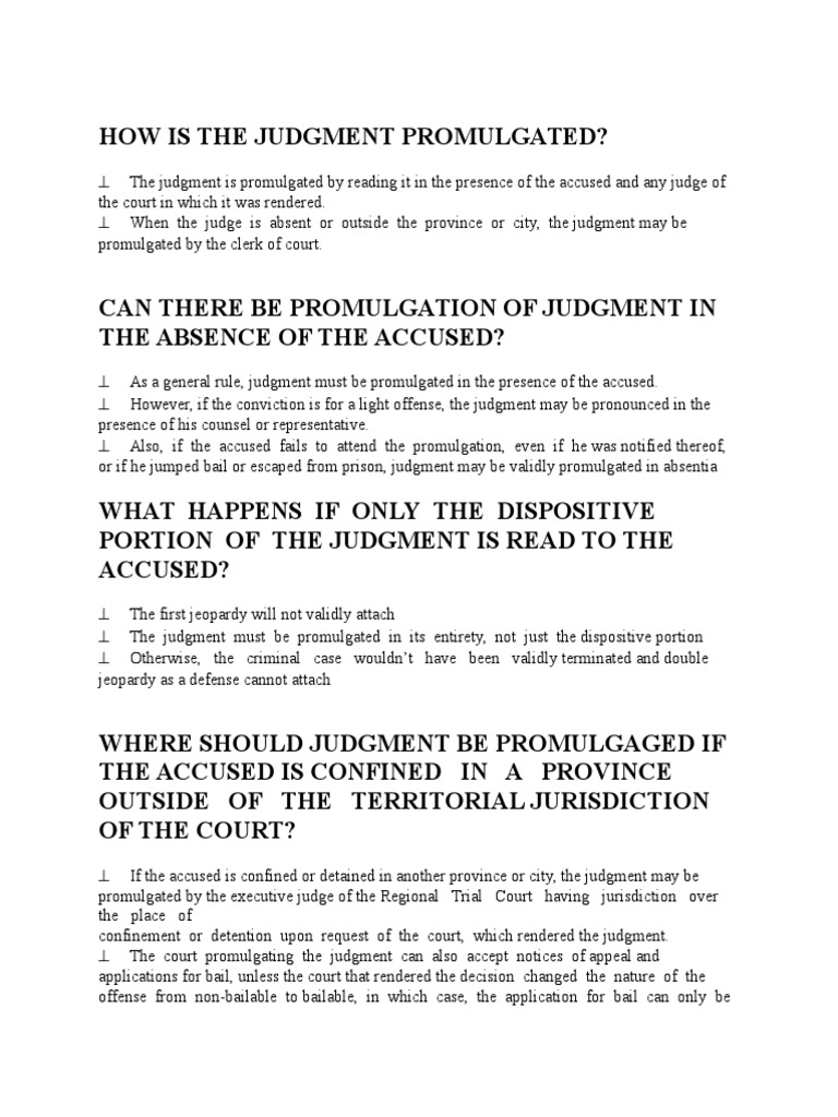 Promulgation of Judgment Explained | PDF | Judgment (Law) | Bail