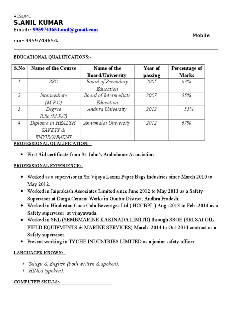 Safety Supervisor Resume of S. Anil Kumar | PDF