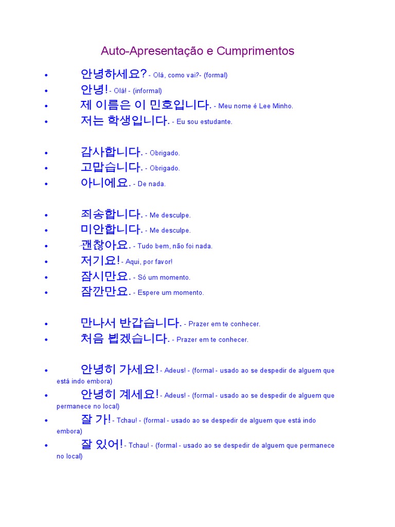 Cumprimentos e Apresentações em Coreano | PDF | Vogal | Idiomas