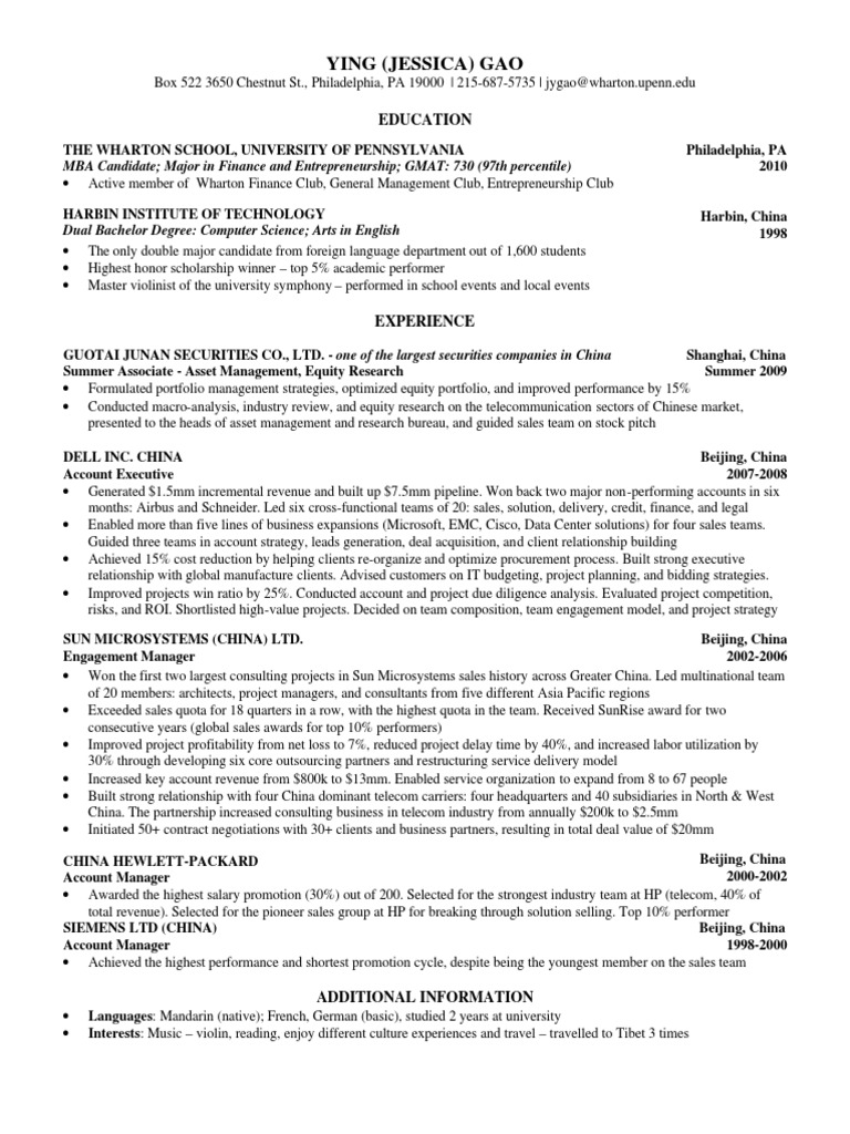 Resume of YING GAO | PDF | Wharton School Of The University Of ...