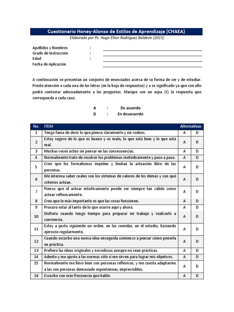 Cuestionario Honey-Alonso de Estilos de Aprendizaje (CHAEA) | PDF ...