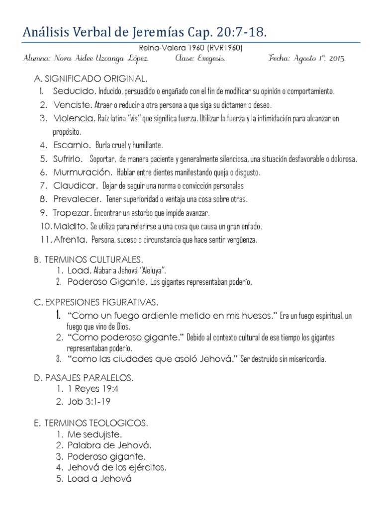 Análisis Verbal de Jeremías Cap 20 | PDF | Biblia | Religión y creencia