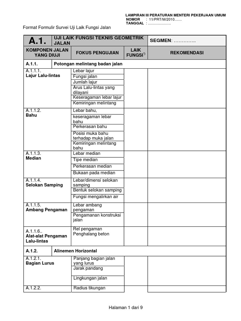 Formulir Uji Laik Fungsi Jalan | PDF | Teknologi & Rekayasa