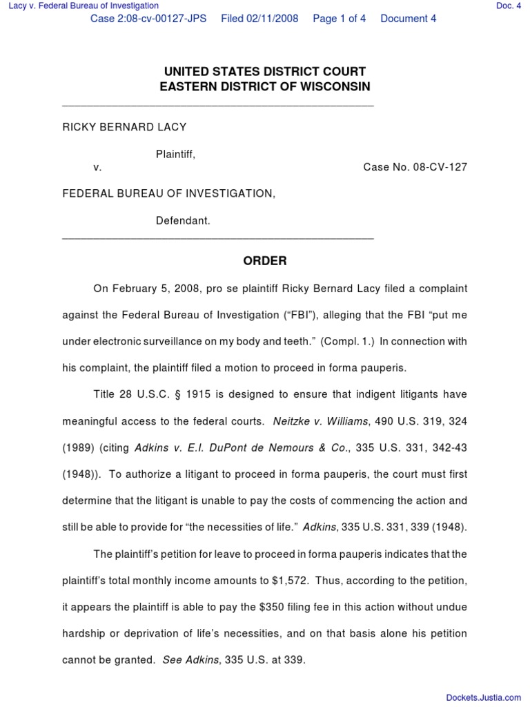 Lacy v. Federal Bureau of Investigation - Document No. 4 | PDF ...