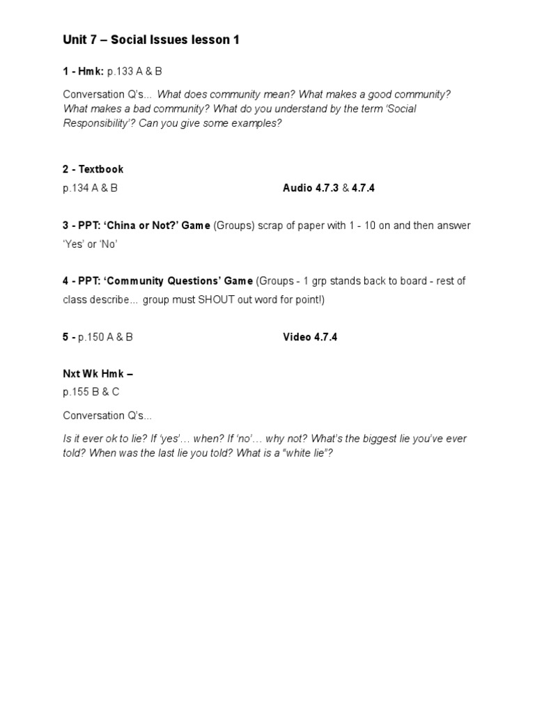 Unit 7 - Social Issues Lesson 1: Conversation Q's What Does Community ...