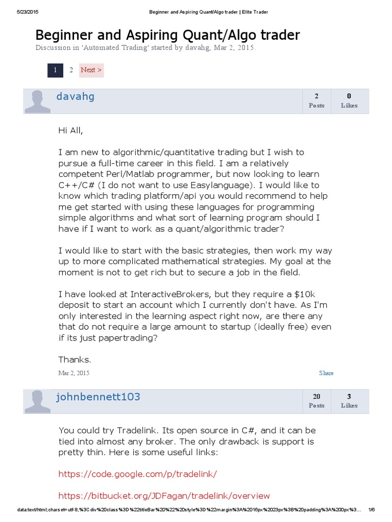 Beginner and Aspiring Quant - Algo Trader - Elite Trader | PDF | Algorithmic Trading ...