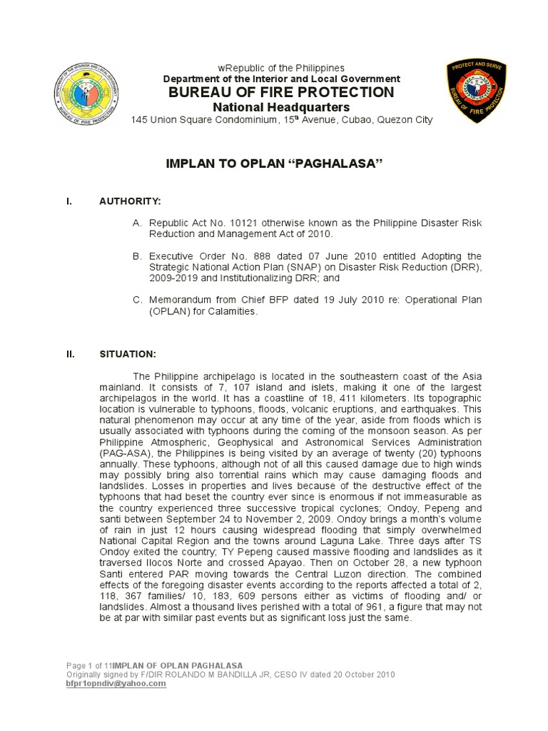 BFP-Implan To Oplan Paghalasa | PDF | Flood | Volcano