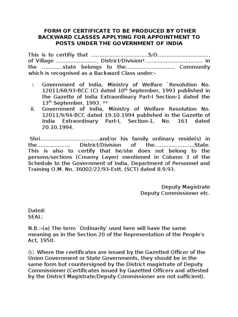 OBC Certificate Proforma | Politics Of India | Government Of India