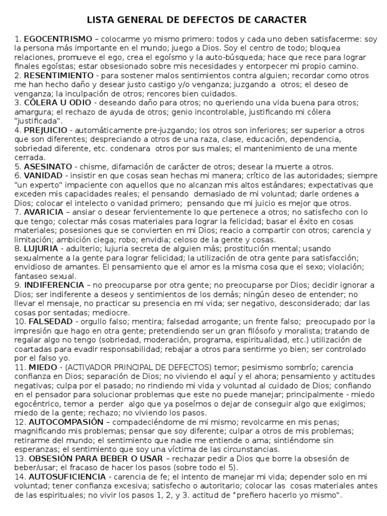 Defectos de Carácter en AA: Lista Completa | PDF | Lujuria | Amor
