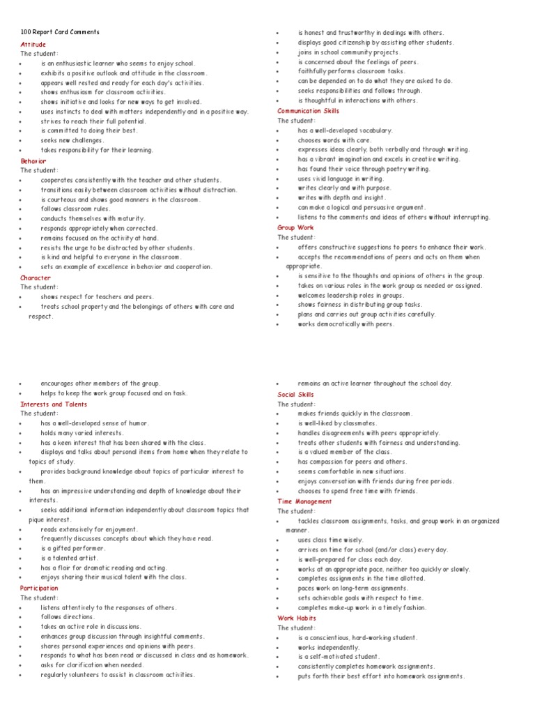 100 Report Card Comments | PDF | Homework | Cognition