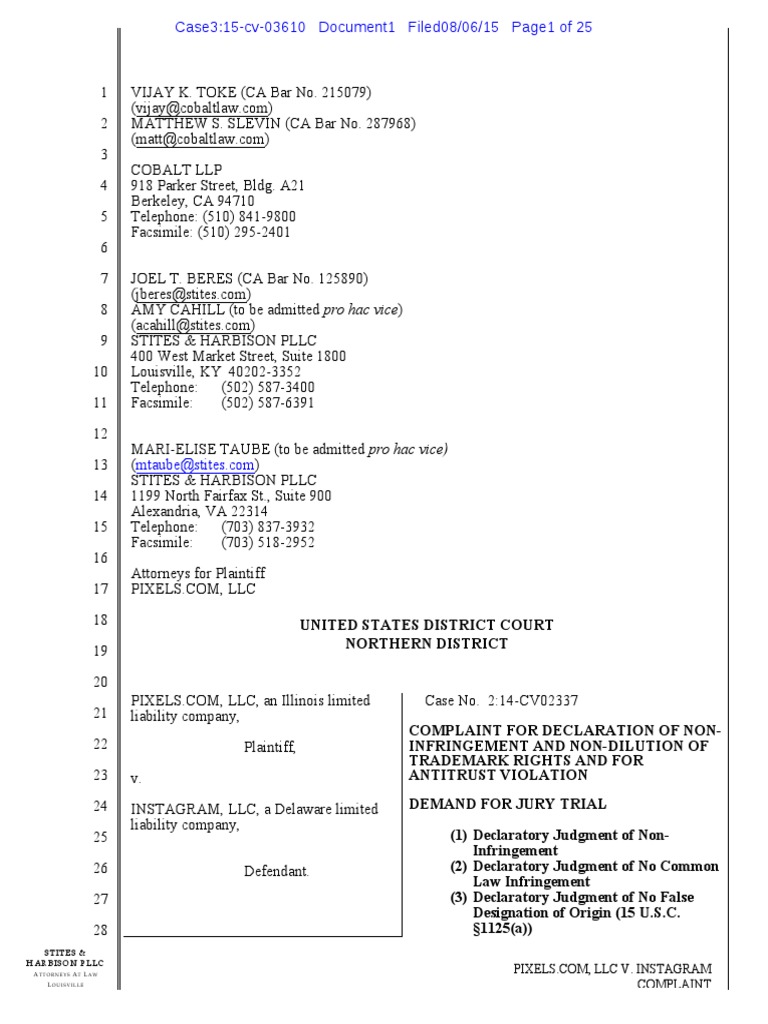 Instaprints v. Instagram Declaratory Judgment Trademark Complaint PDF | PDF | Trademark | Estoppel