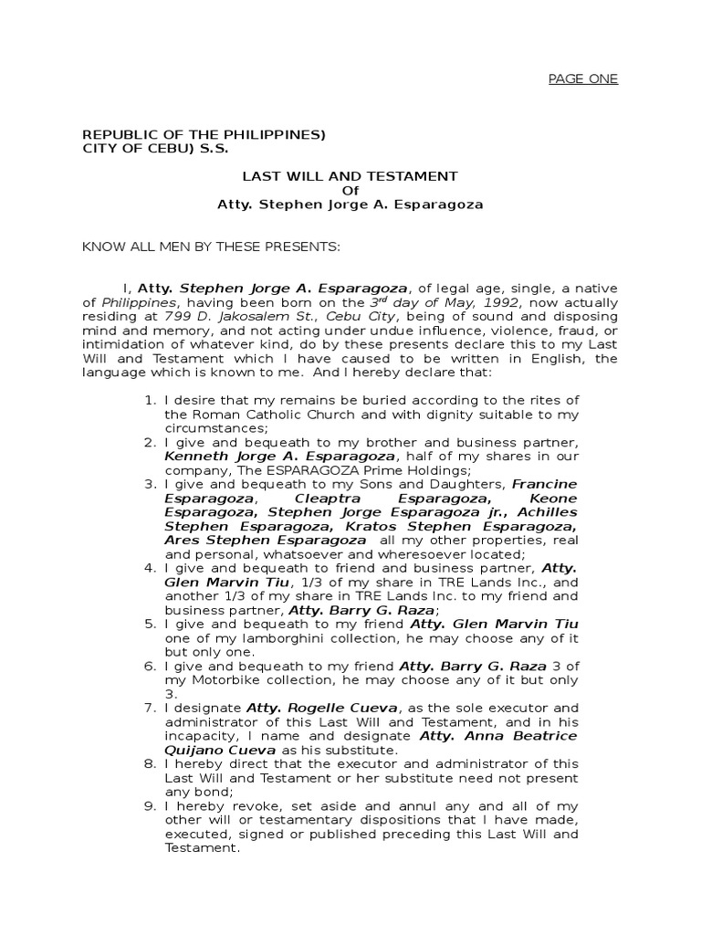 Last Will and Testament of Atty. Esparagoza | PDF | Will And Testament ...