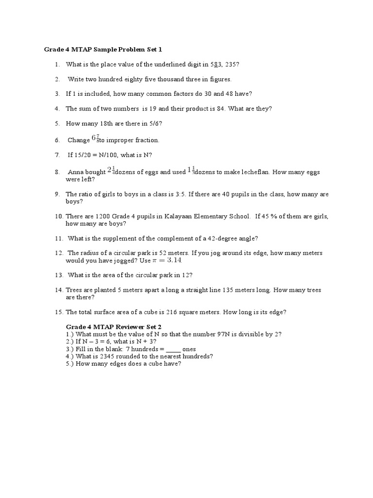 Grade 4 Math Problem Set Samples | PDF | Geometry | Teaching Mathematics