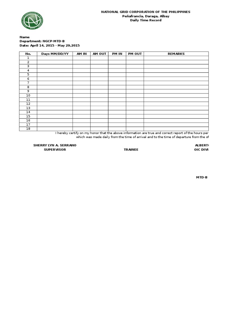 OJT-DTR Format Sample | PDF