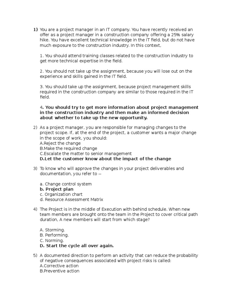 PMP Sample Questions | PDF | Project Management | Project Manager