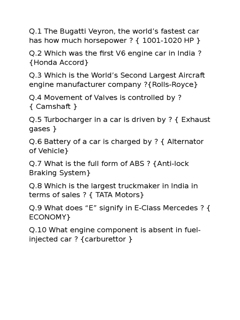 Rapid Fire Round Questions AUTOMOBILES | PDF