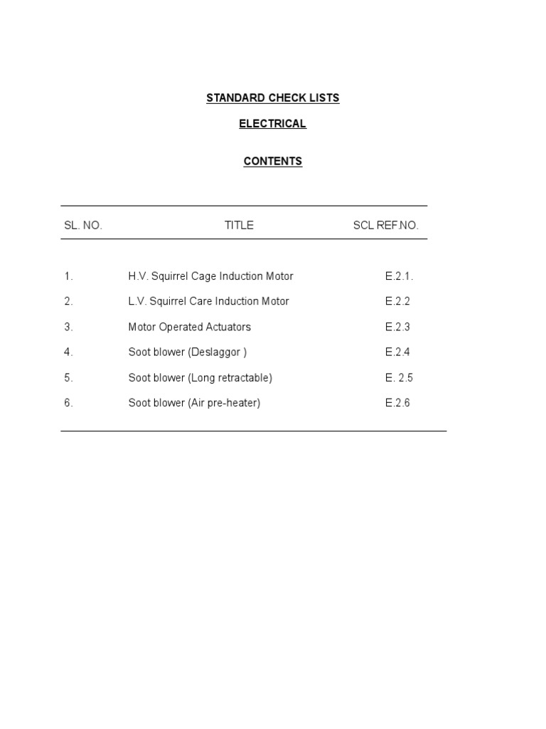 Standard Checklists for Electrical Equipment | PDF | Switch | Valve