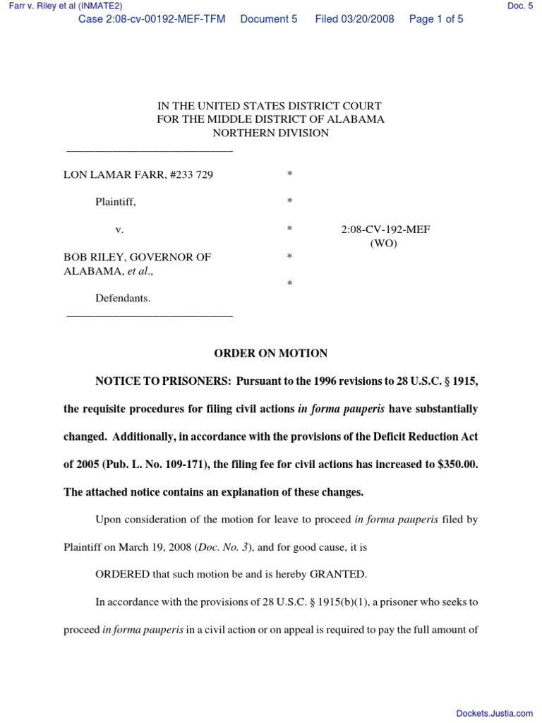 Farr v. Riley Et Al (INMATE2) - Document No. 5 | PDF | Complaint | Lawsuit