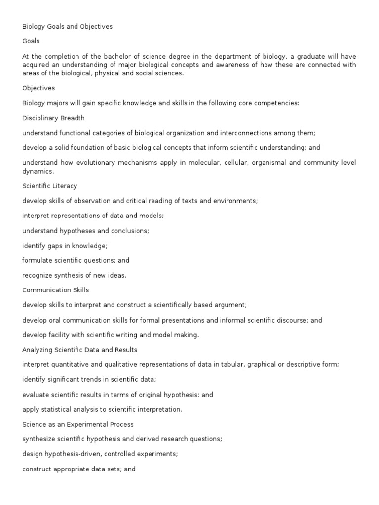 Biology Goals and Objectives | PDF | Biology | Organisms