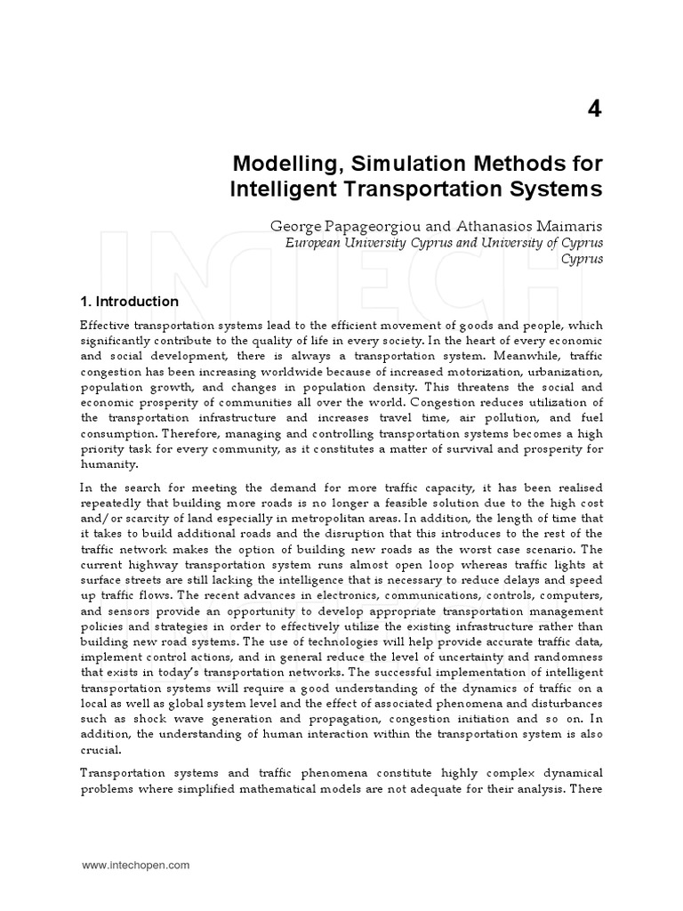 Modelling, Simulation Methods For Intelligent Transportation Systems ...