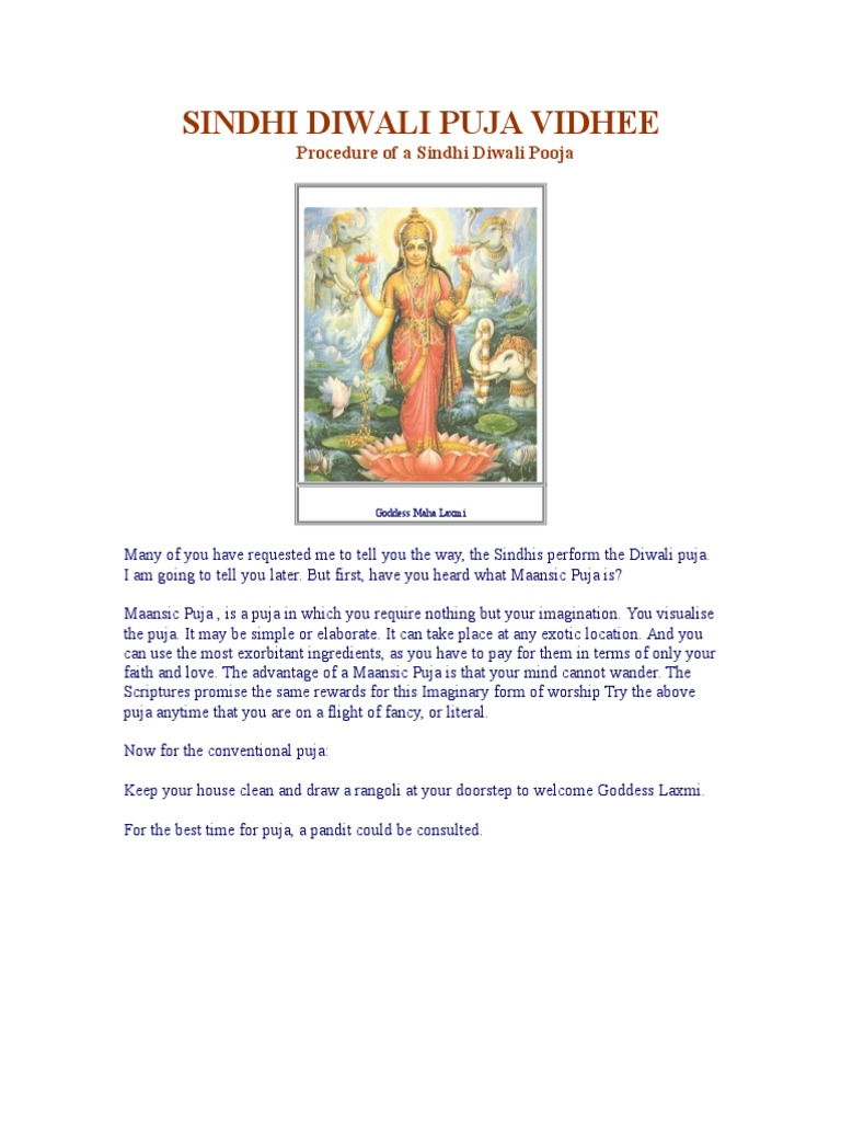Sindhi Diwali Pooja Vidhi Guide | PDF | Hindu Worship | Indian Religions