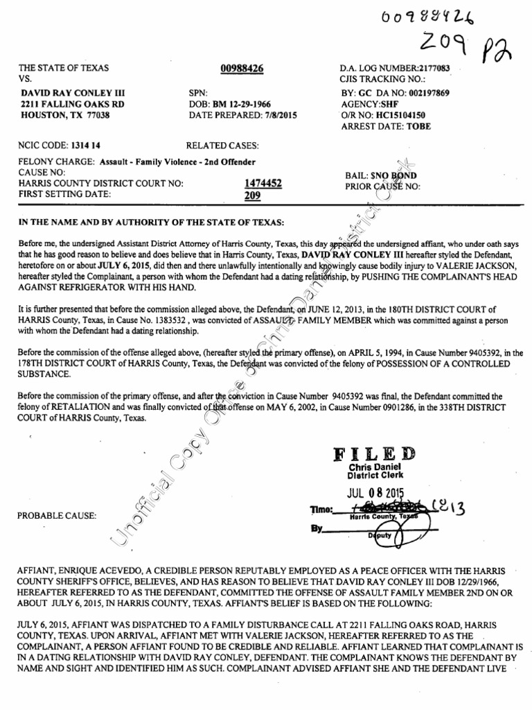 David Ray Conley III Criminal Complaint - Felony Domest Violence | PDF