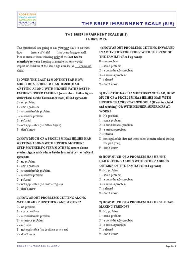 Brief Impairment Scale English | Health Care | Public Health