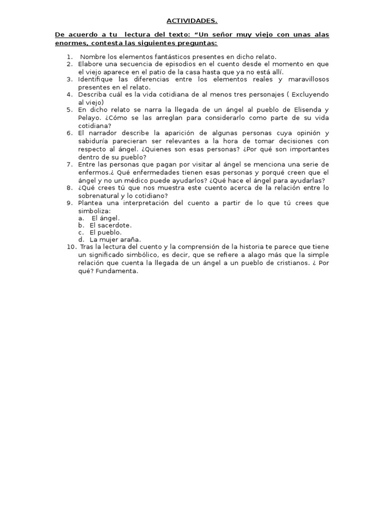ACTIVIDADES Un Señor Muy Viejo Que Tenia Unas Alas Enormes | PDF