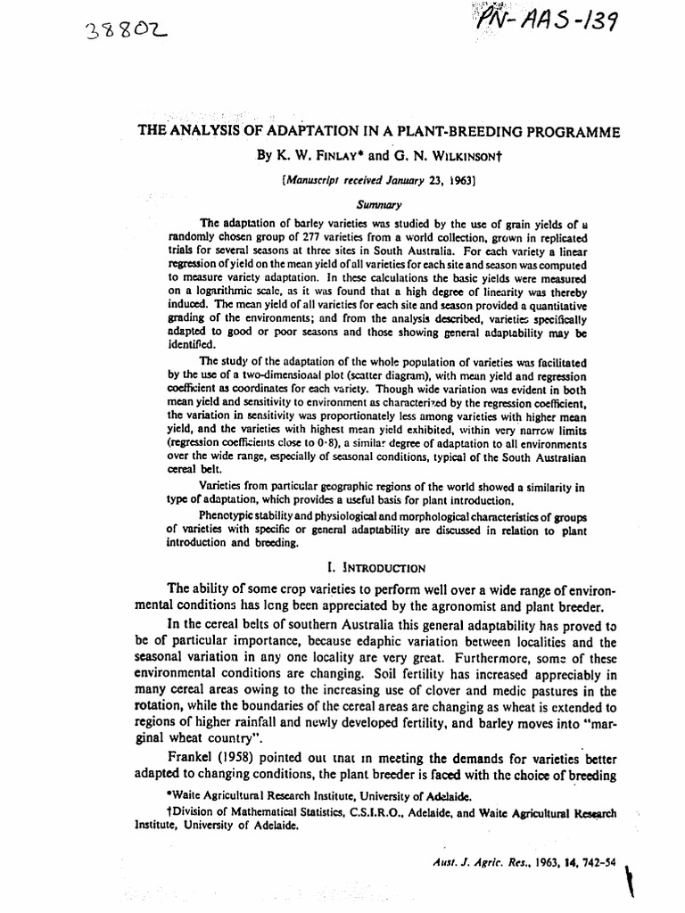 Finlay Wilkinson 1963 | Download Free PDF | Plant Breeding | Adaptation