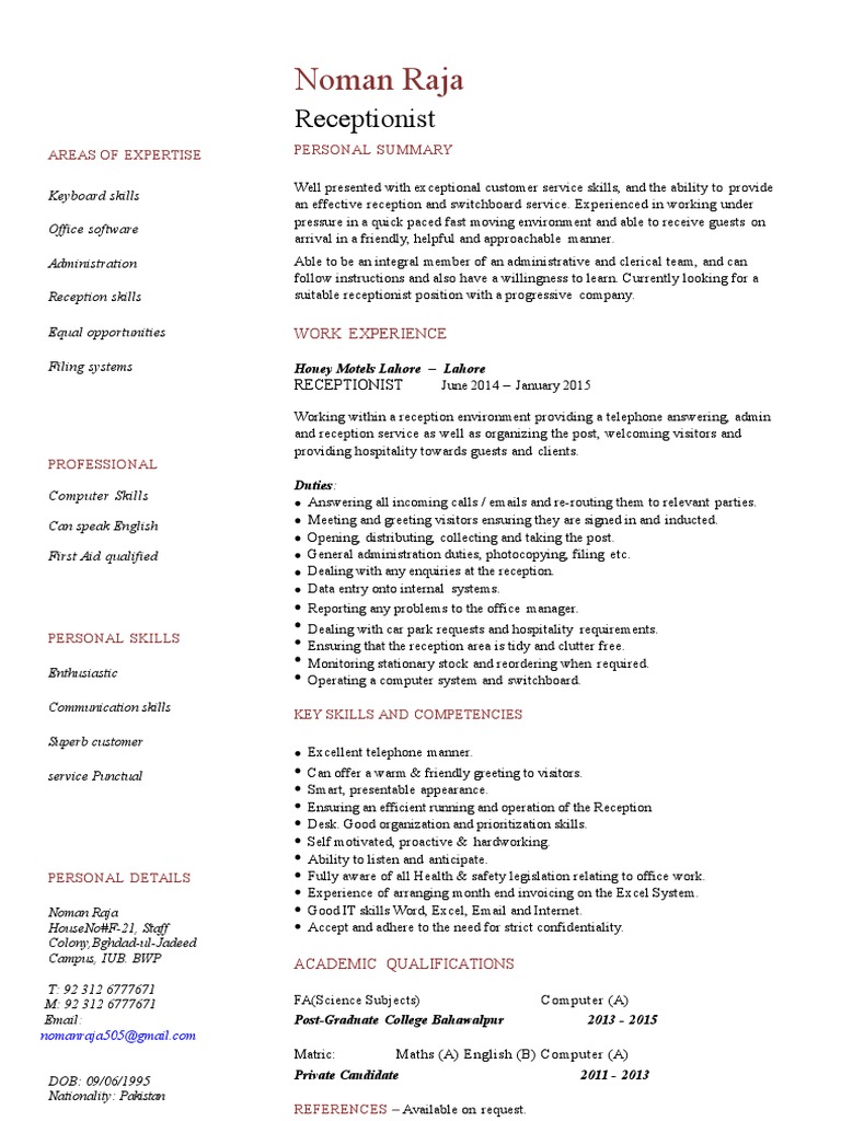 Noman Raja: Receptionist | PDF | Computing | Business