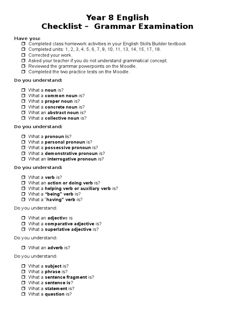 Year 8 Grammar Exam Checklist | PDF