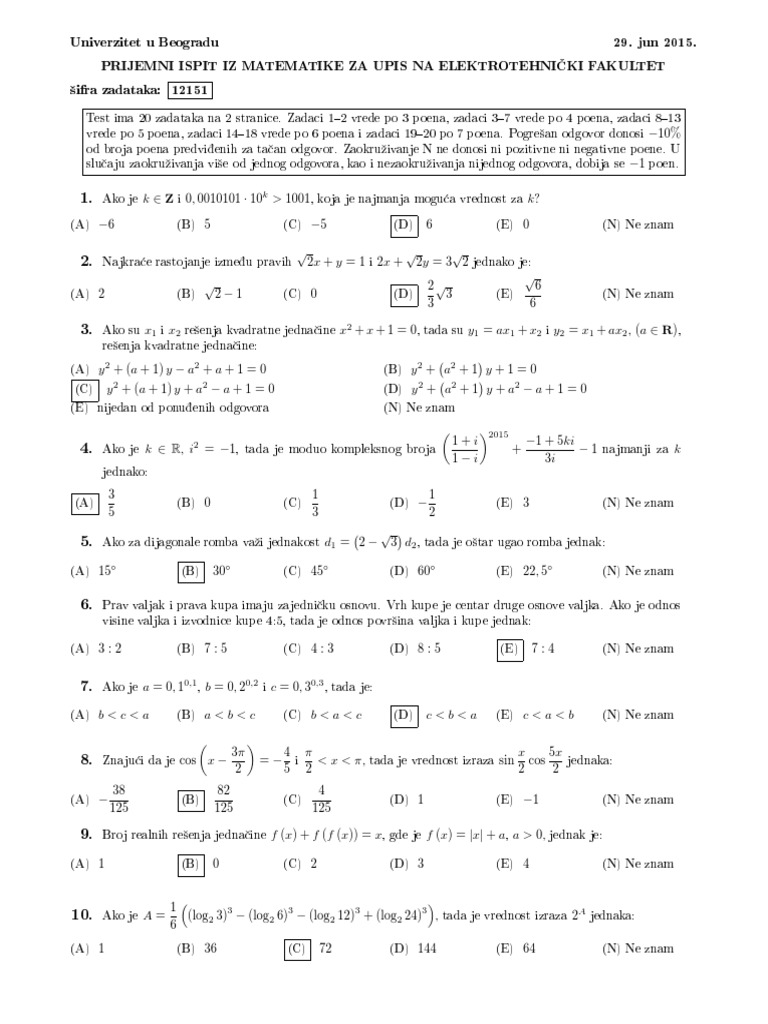 2015 Zadaci Sa Resenjima Sa ETF Iz Matematike Sa Prijemnog Ispita | PDF