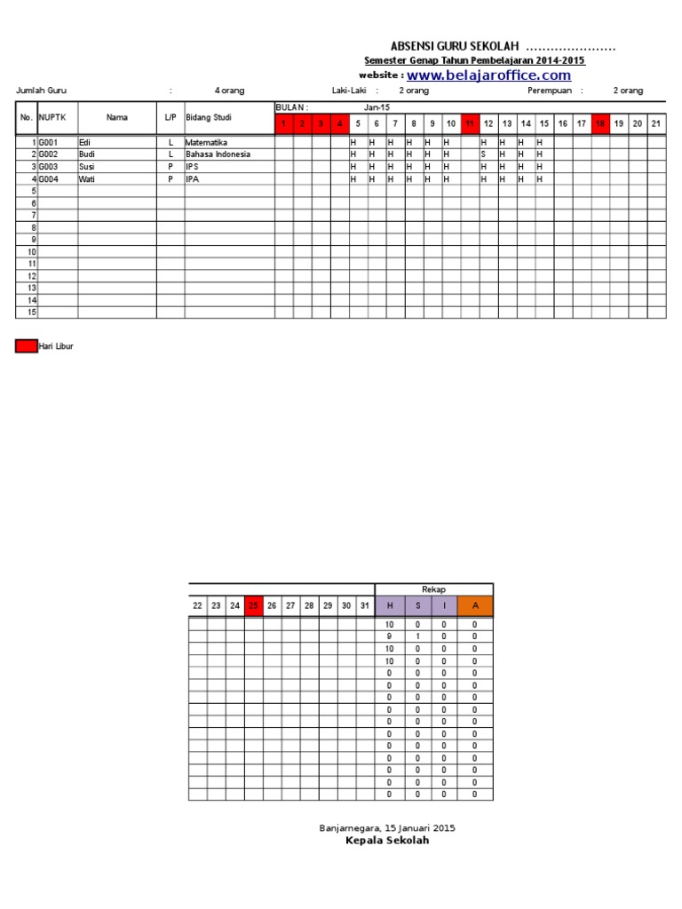 Format Absensi Guru Excel | PDF