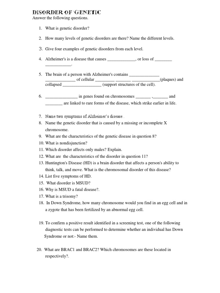 Genetic Disorder Worksheet1 | PDF