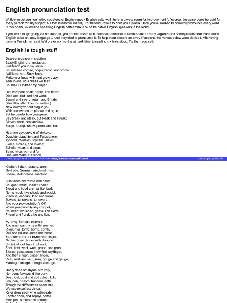 English Pronunciation Challenge Poem | PDF | English Language | Human ...