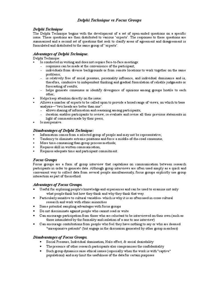 Delphi Technique Vs Focus Groups | PDF | Focus Group | Psychological Concepts