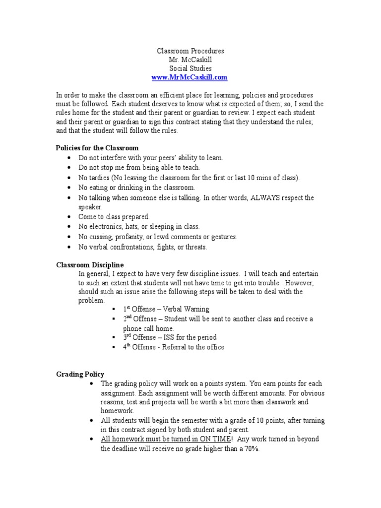 Policies For The Classroom: ST ND | PDF | Homework | Schools