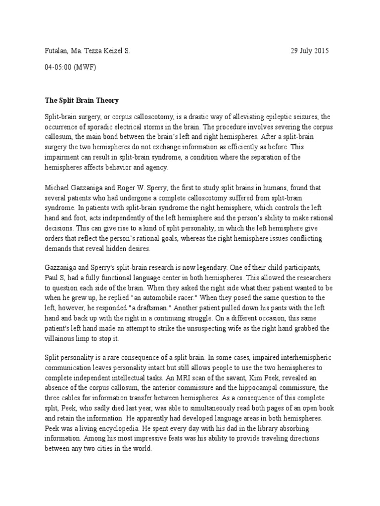 Split Brain Theory | PDF | Neuropsychological Assessment | Brain