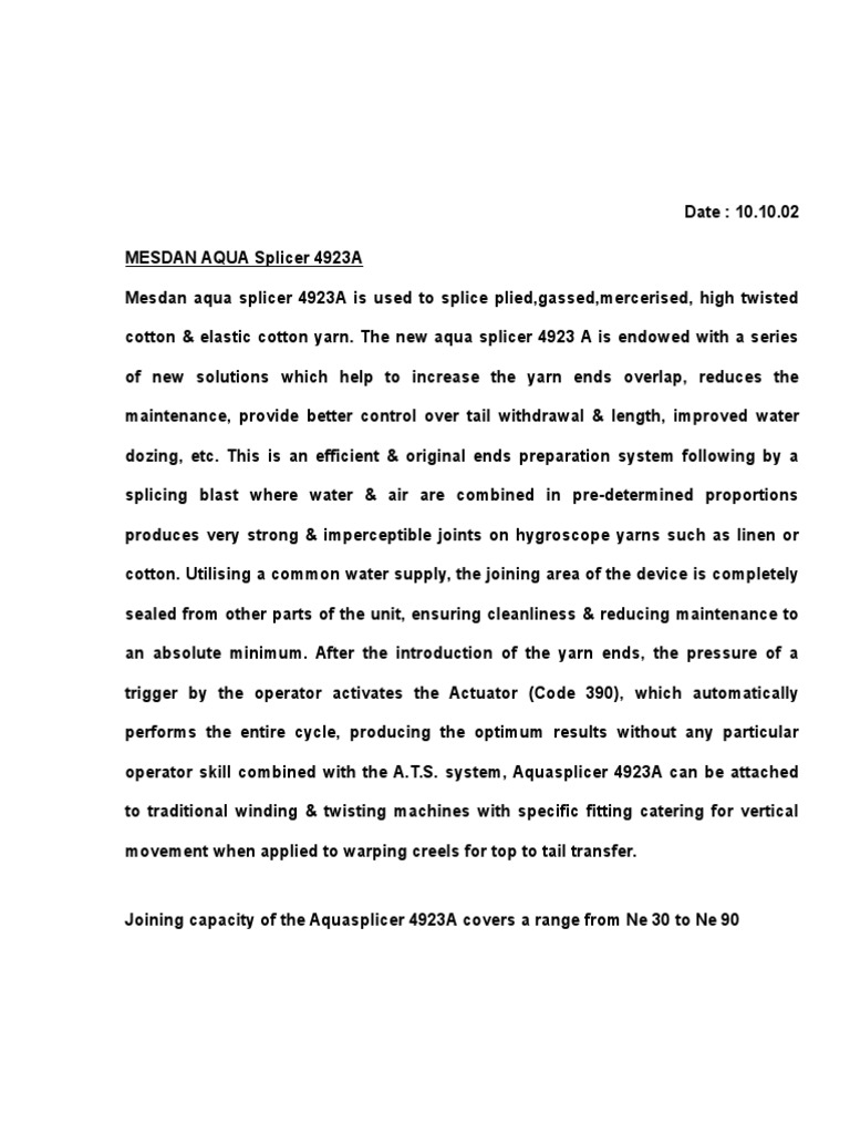 MESDAN AQUA Splicer 4923A | PDF | Yarn | Actuator