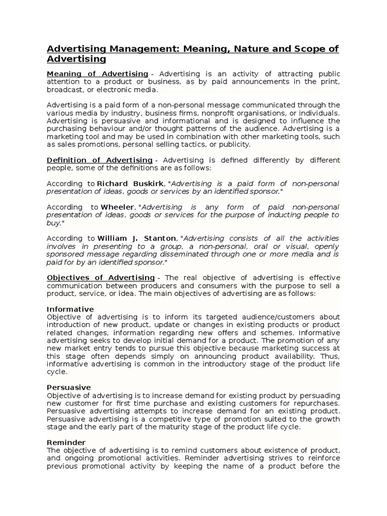 Advertising Management: Meaning, Nature and Scope of Advertising | PDF ...