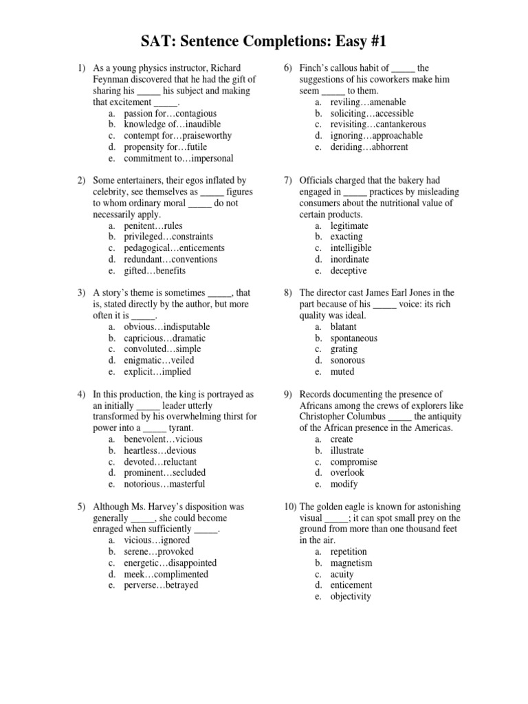 SAT: Sentence Completions: Easy #1 | PDF | Science | Philosophical Science