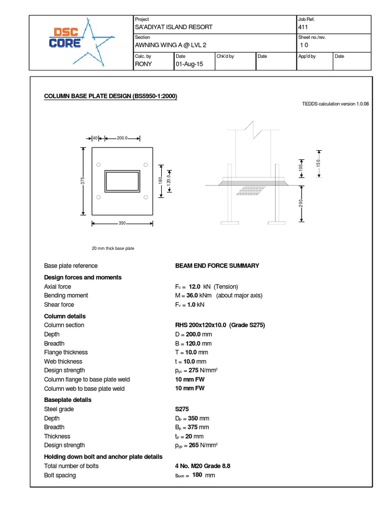 Column Base Plate Design (Bs5950-1:2000) : Project Job Ref | PDF | Column | Screw